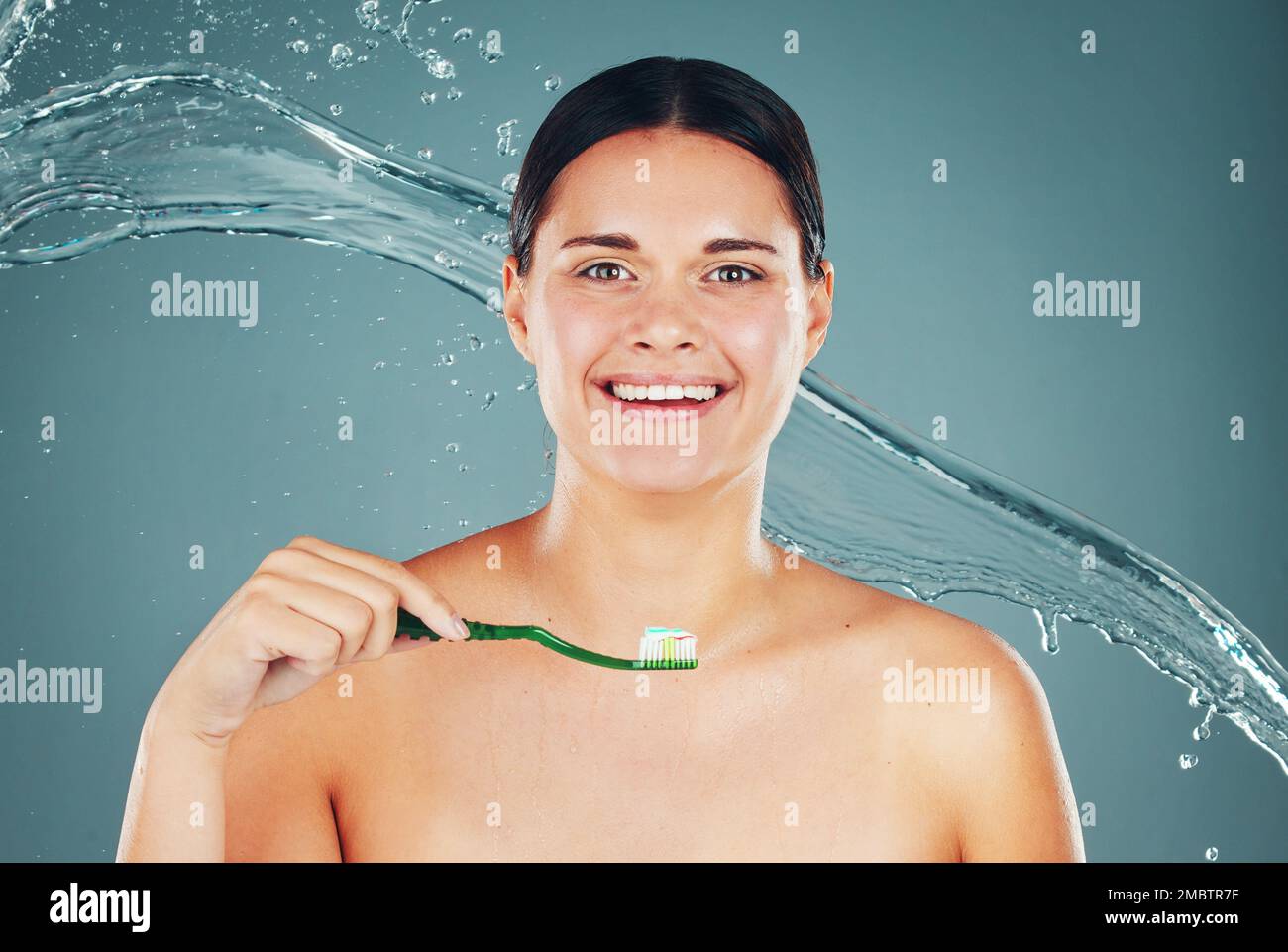 Happy, grooming and portrait of a woman brushing teeth isolated on a ...