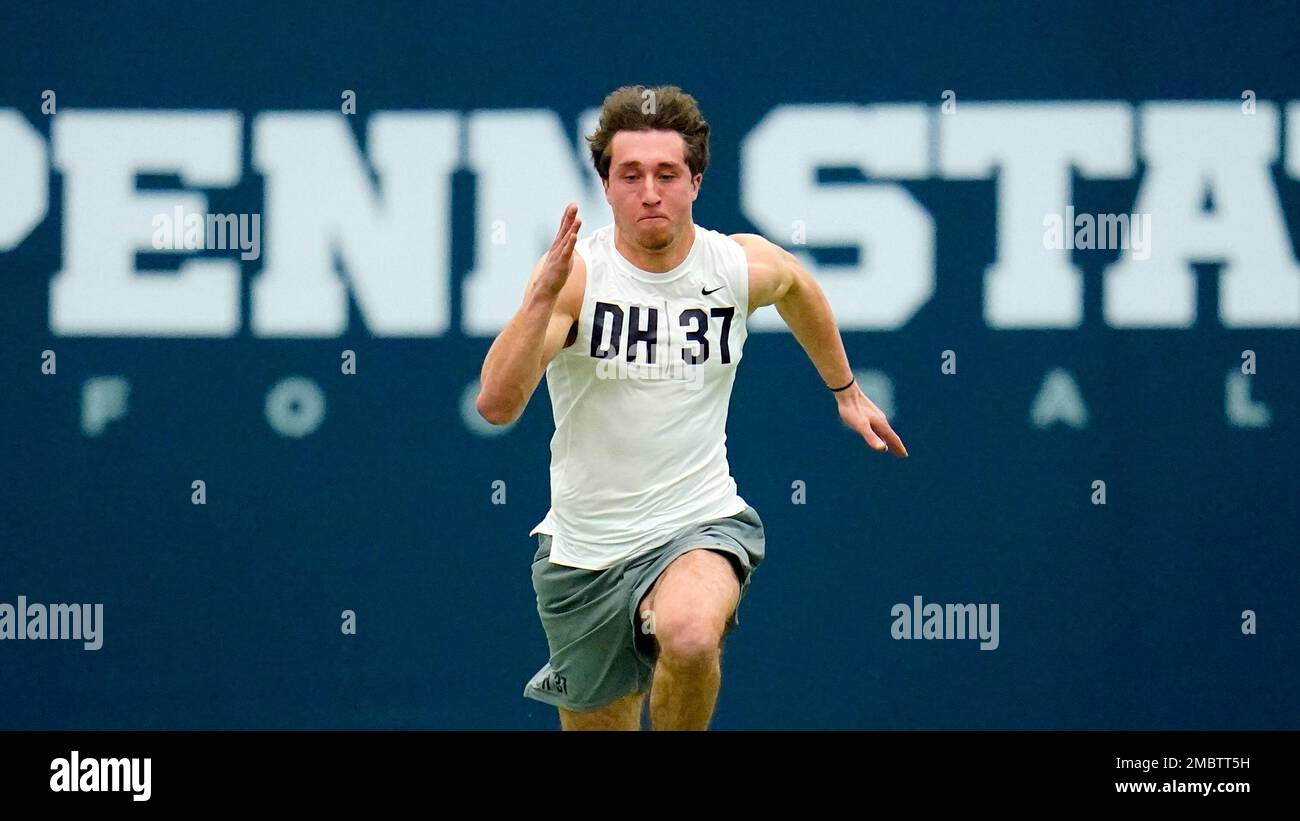 Penn State safety Drew Hartlaub (37) runs a football drill during Penn ...
