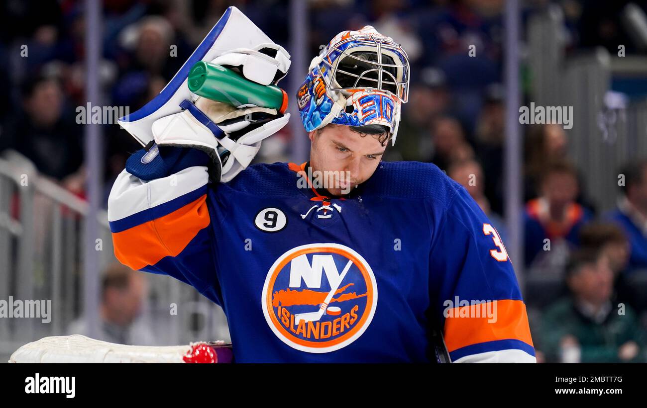 New York Islanders goaltender Ilya Sorokin stands in goal during a ...
