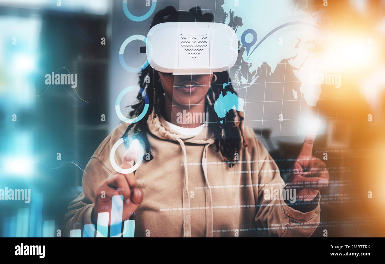 Virtual reality, pointing or woman with global data for vr elearning ...