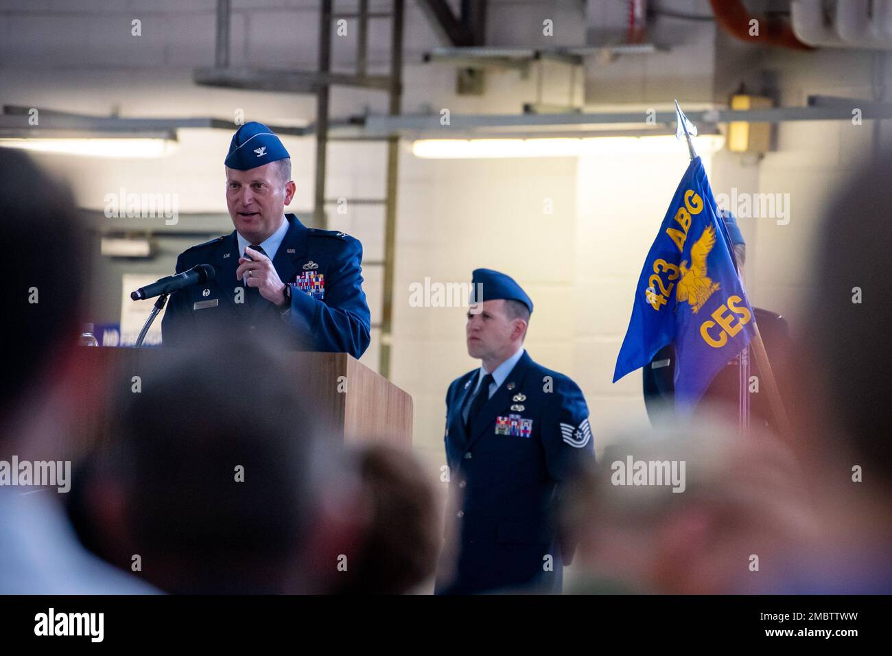 U.S. Air Force Col. Richard Martin, 423d Air Base Group commander, speaks during a change of ...