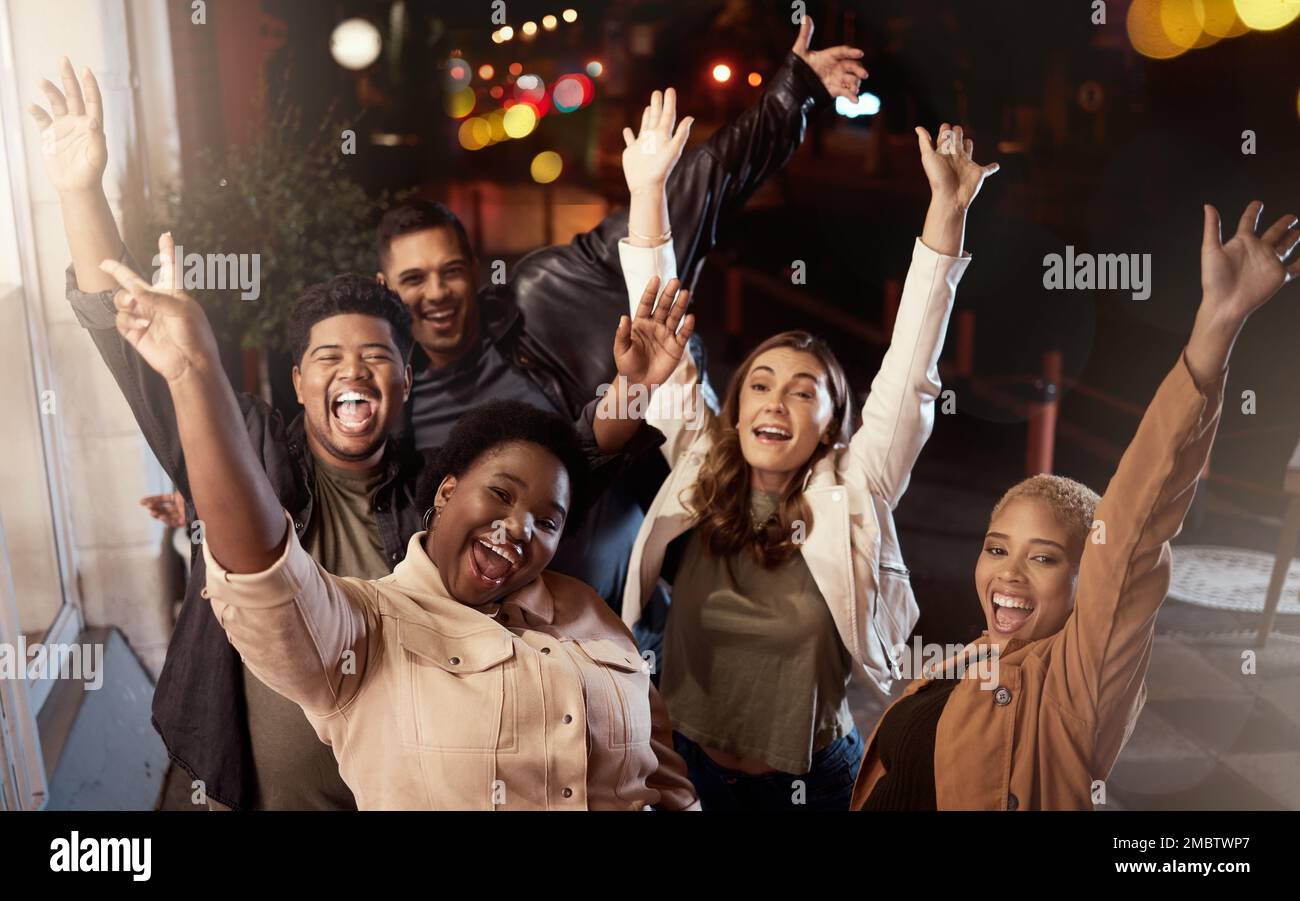Happy people, diversity or hands up portrait in city for dance party ...
