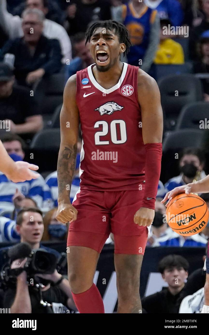 Arkansas forward Kamani Johnson (20) celebrates against Gonzaga during ...