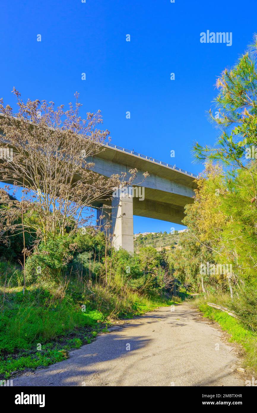 View of a footpath and an overhead highway, in the Nahal Giborim (Wadi ...