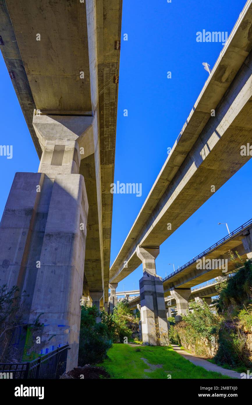 View of an overhead highway interchange, of the Carmel Tunnels, over ...