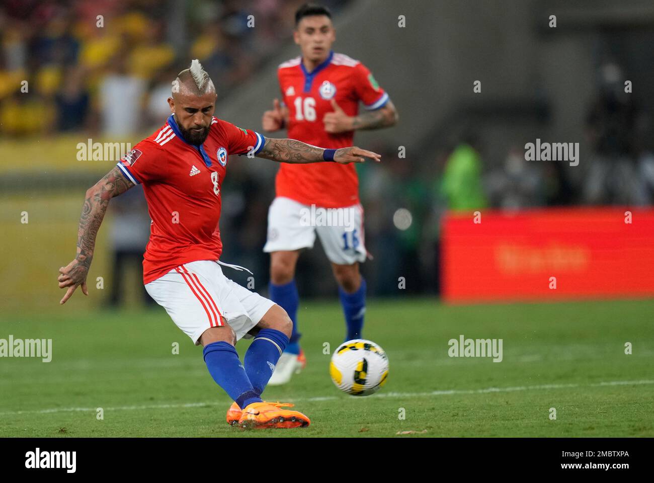 Chile's Arturo Vidal kicks the ball during a qualifying soccer match ...