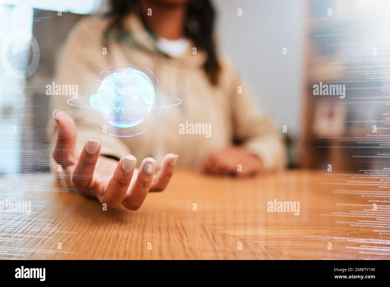 Virtual reality, metaverse or woman hand with globe hologram, 3d cyber ...