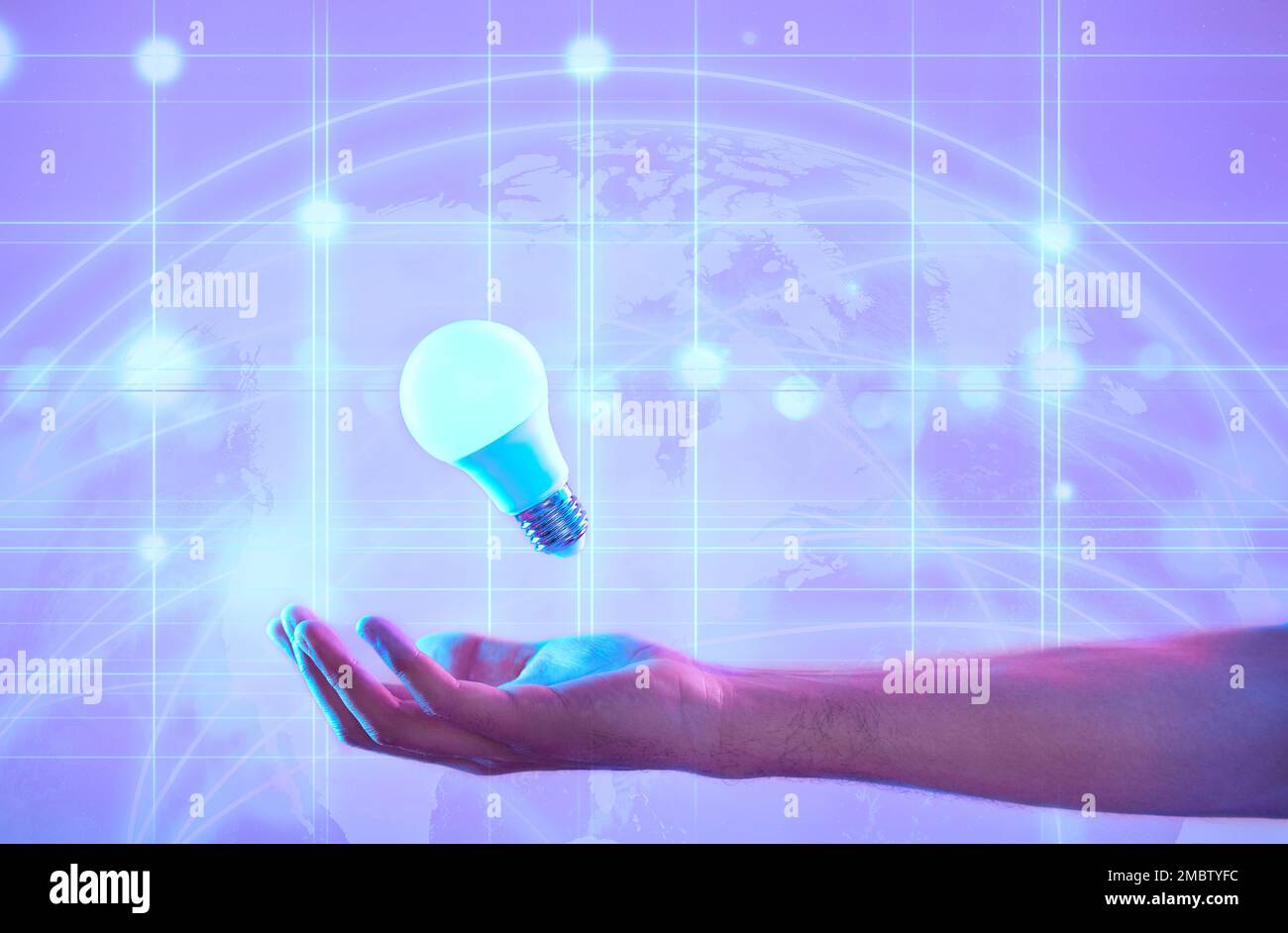 Lightbulb, hand and idea of future, global networking or ai technology ...
