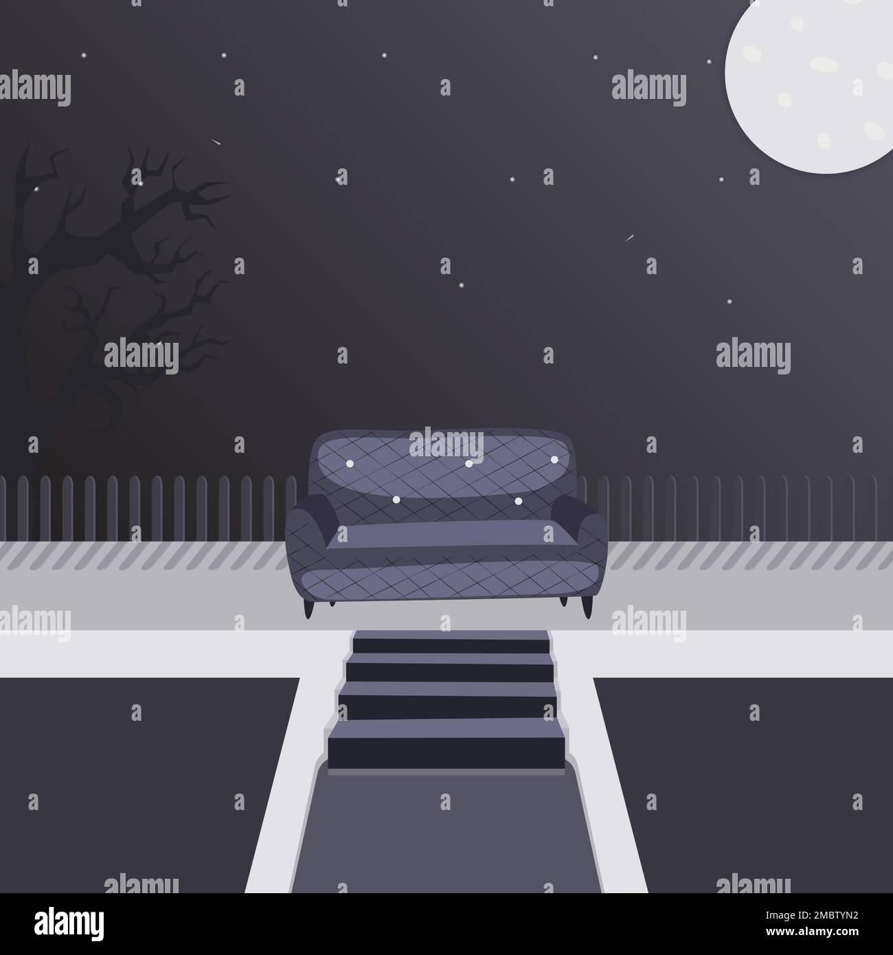 illustration of a purple and grey view of dark night with a sofa set ...