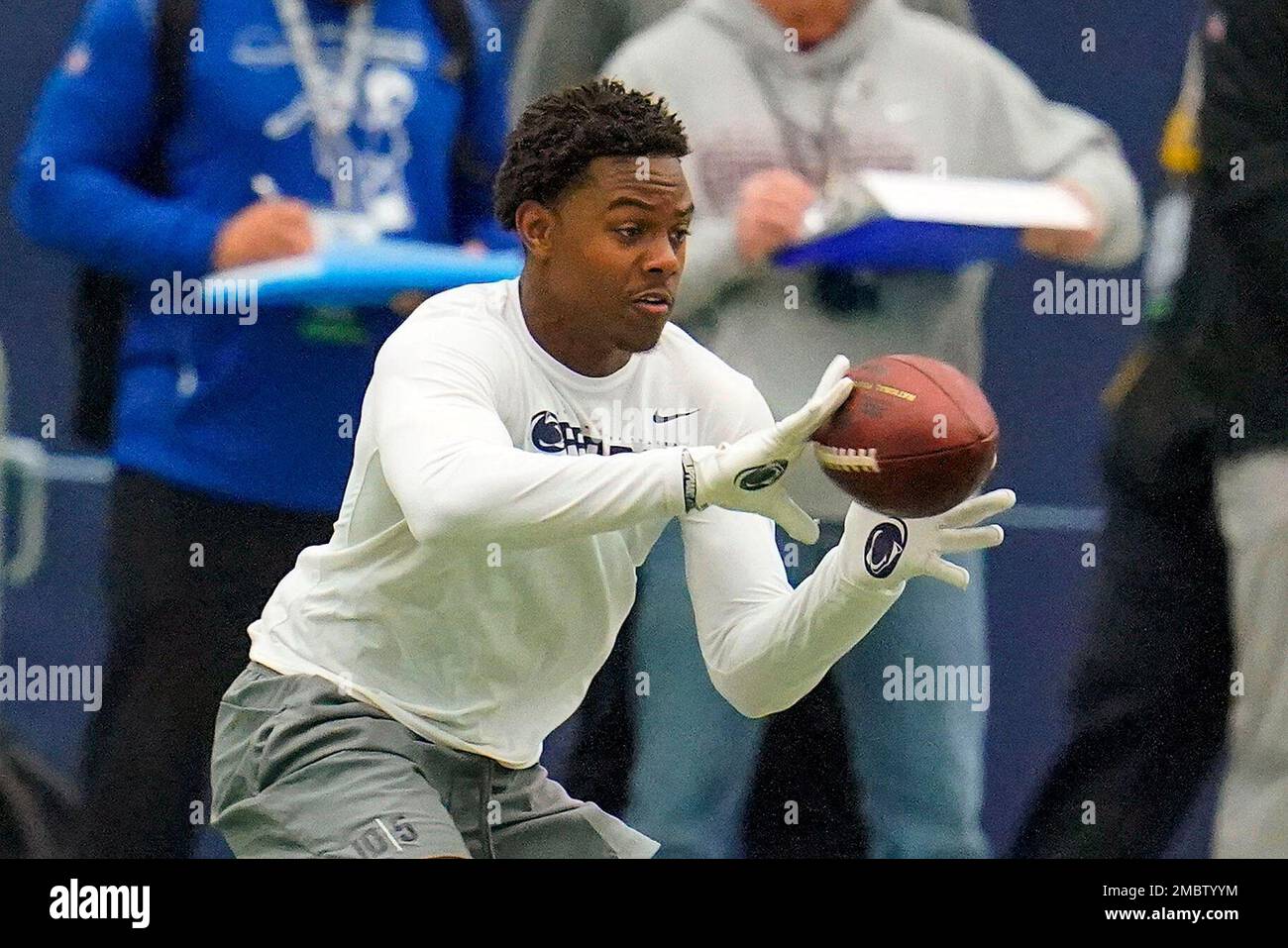 Penn State wide receiver Jahan Dotson (5) runs a football drill during ...