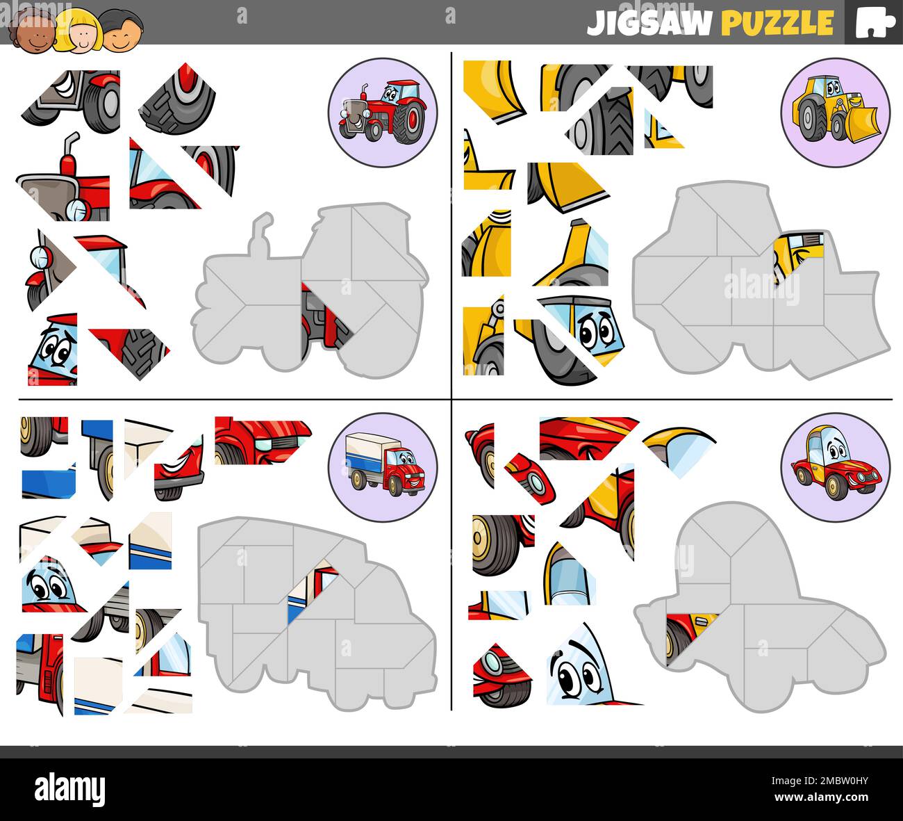 Cartoon illustration of educational jigsaw puzzle games set with ...