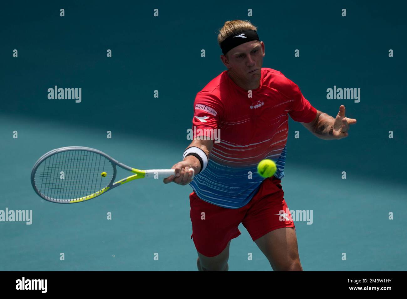 Alejandro Davidovich Fokina of Spain plays a ball in his first round ...