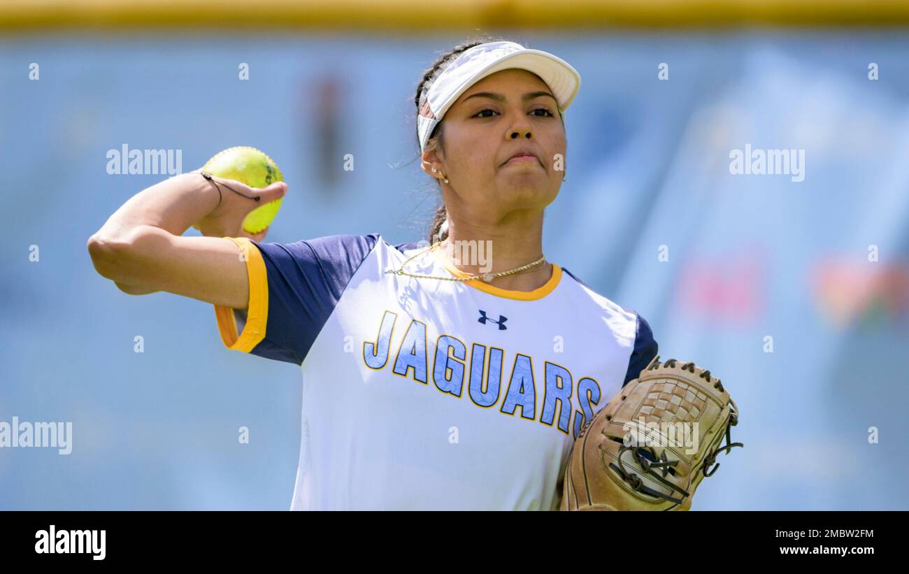 Southern infielder Erin Ledesma (9) throws during an NCAA softball game ...