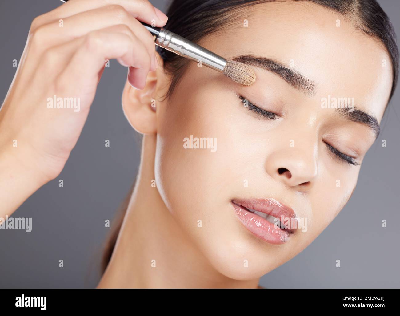 Woman, makeup and brush for cosmetics, luxury and skincare with girl on ...