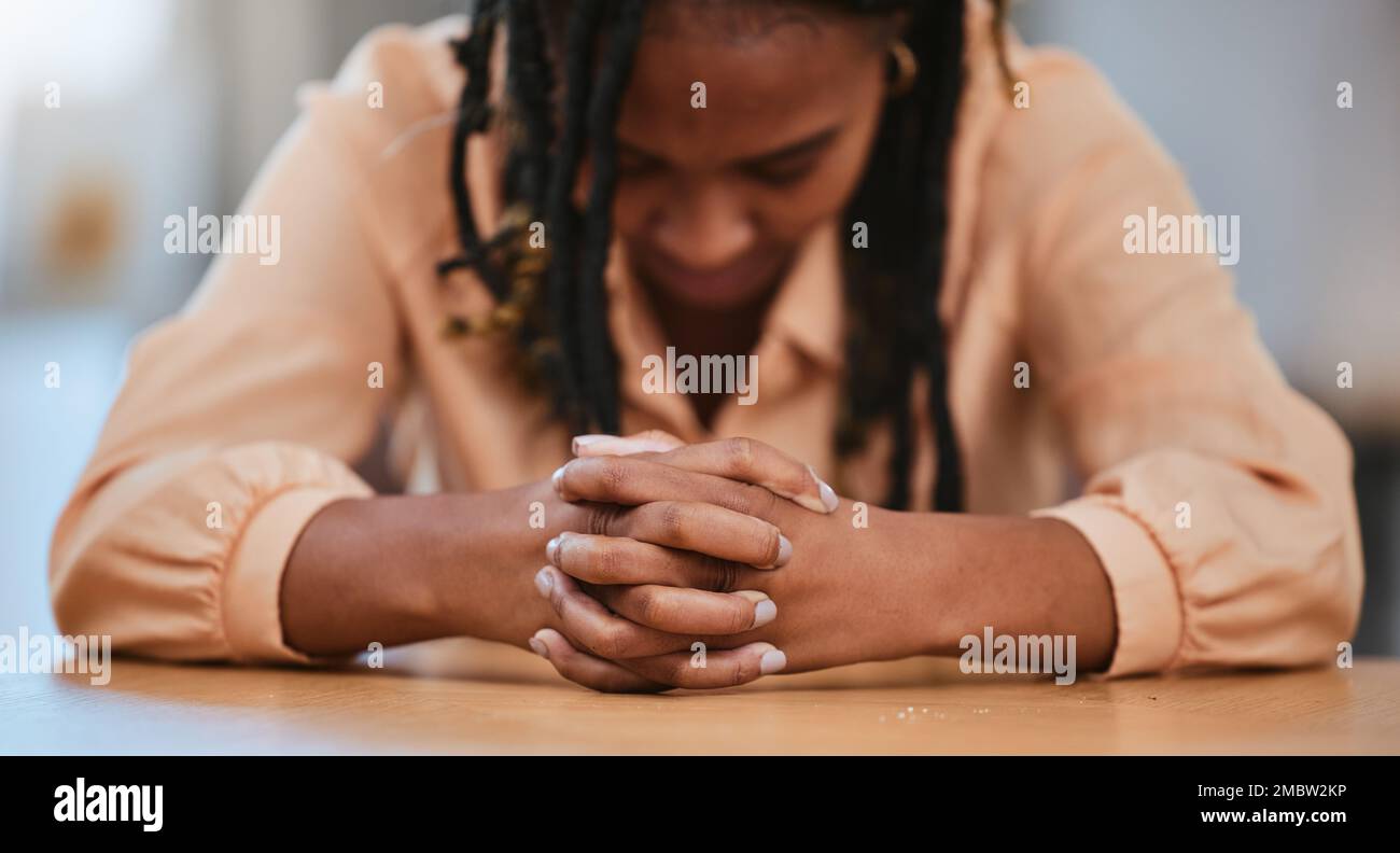Hands together, business and black woman tired, stress and overworked ...