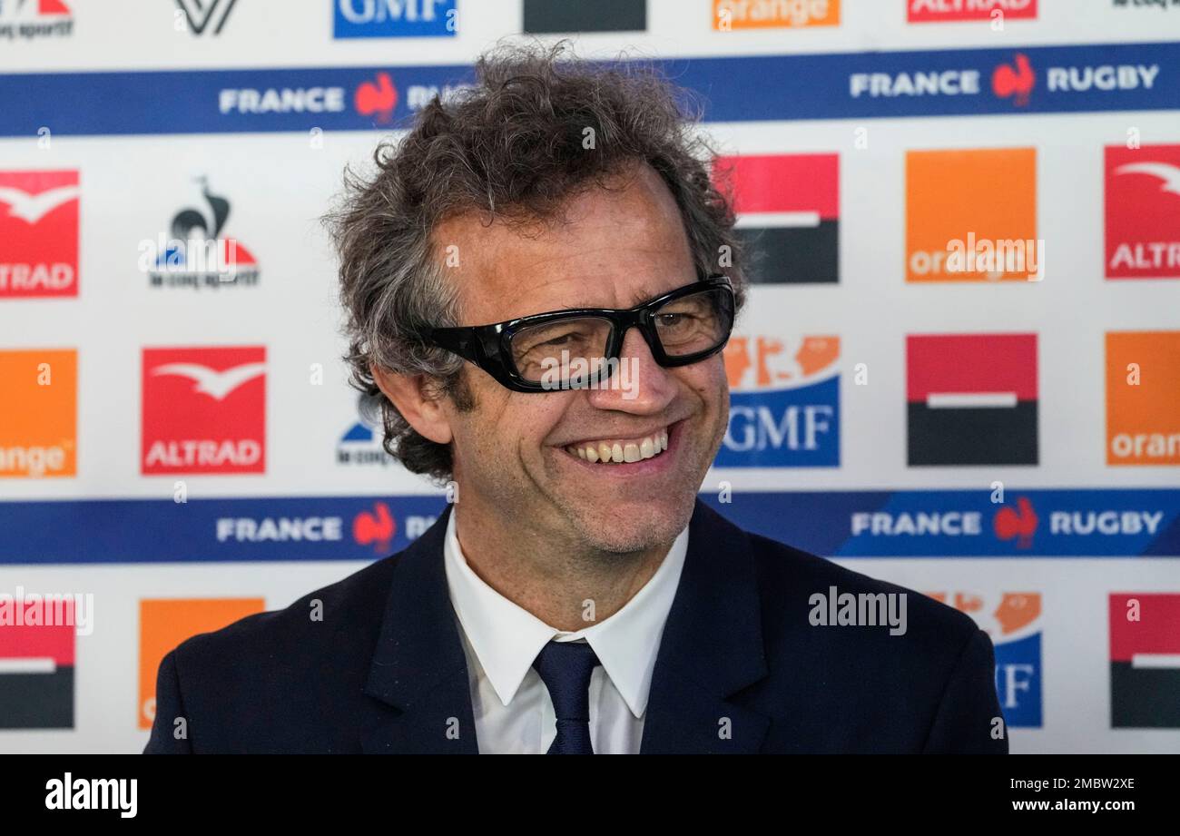 French rugby union head coach Fabien Galthie smiles during a media ...