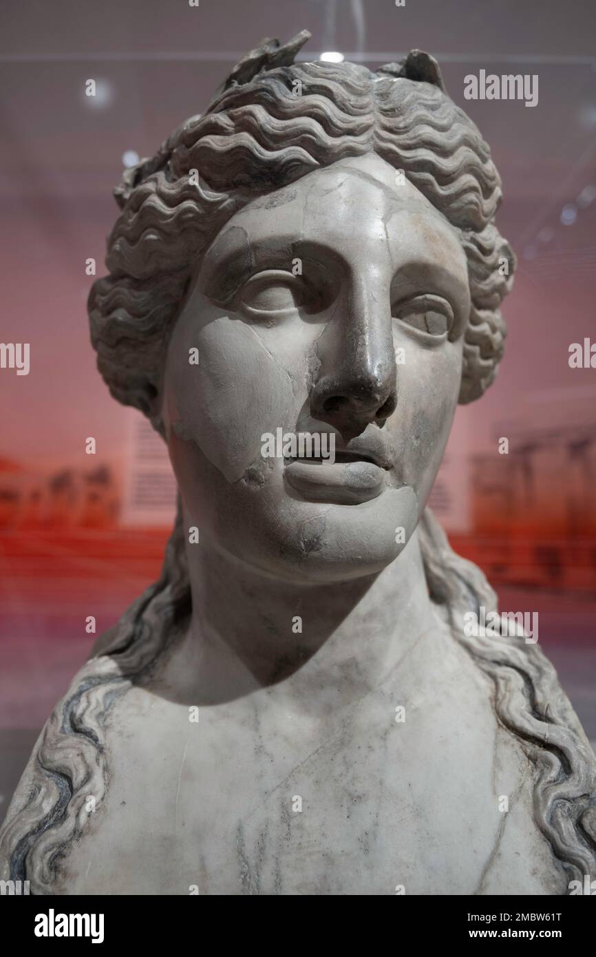 Marble bust of the god Apollo, 1st century CE, at the large archeology ...