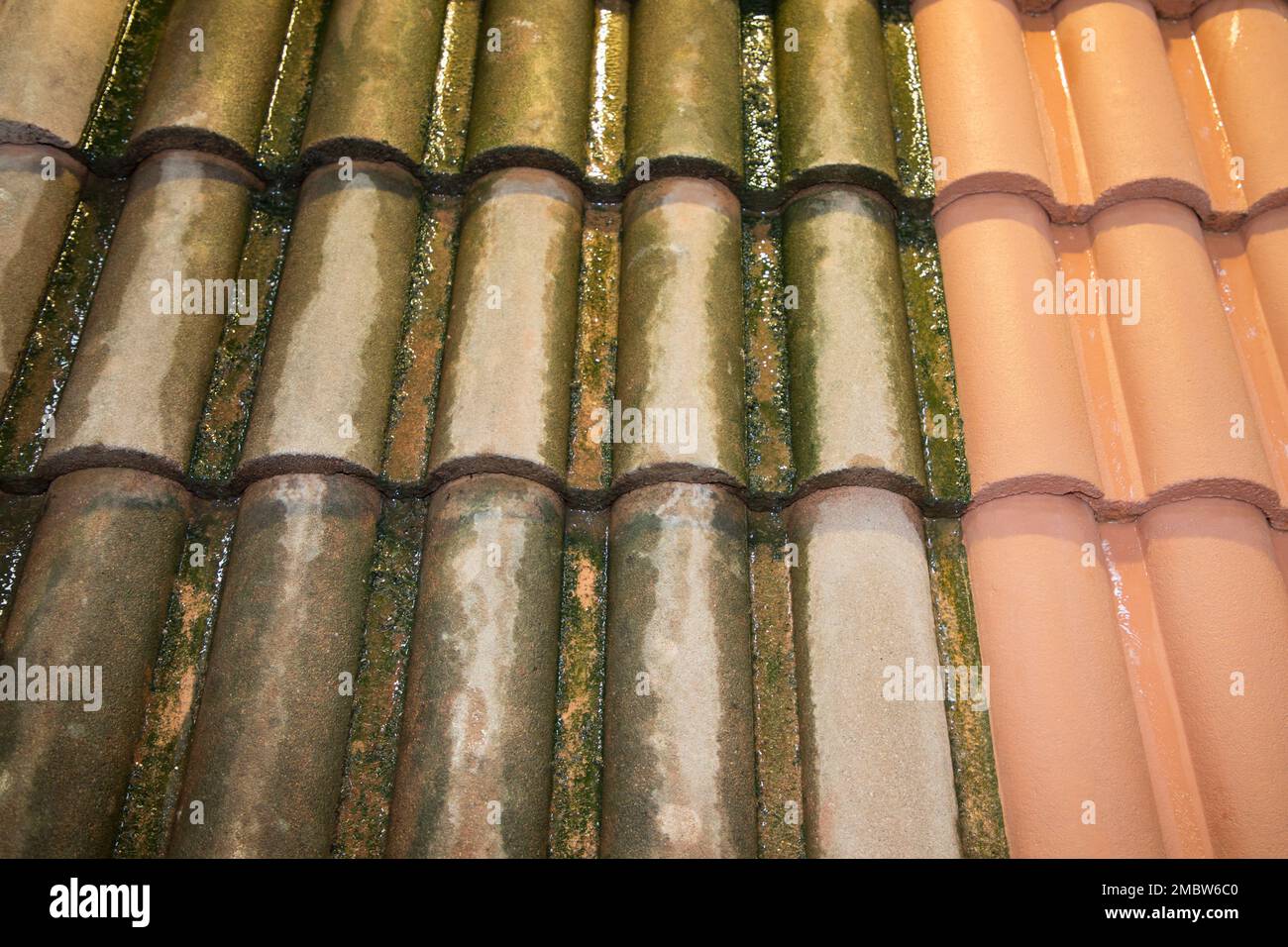 Comparison Roof cleaning moss and lichen before and after Stock Photo ...