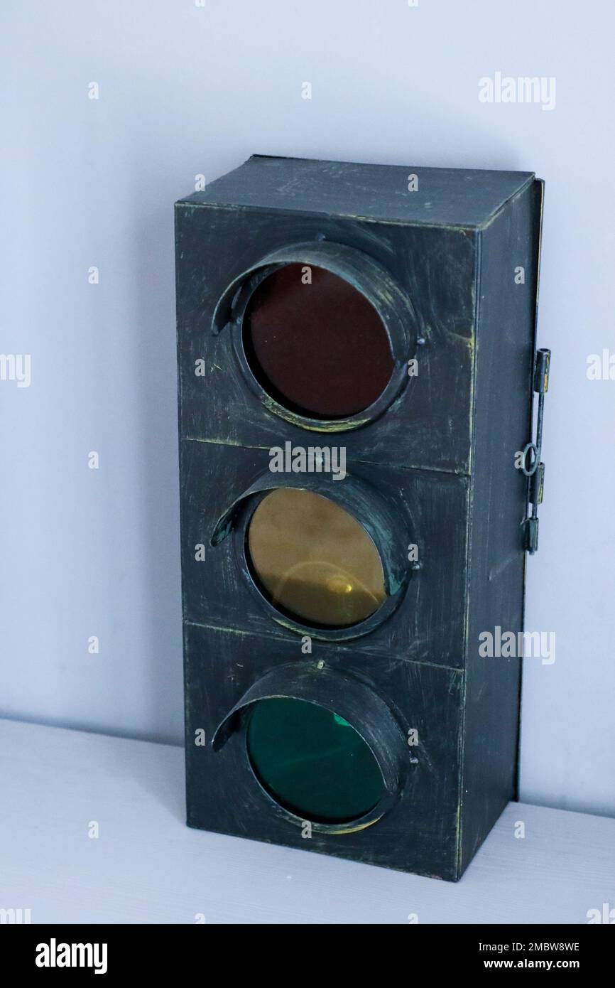 Traffic lights retro ancient vintage steel red orange and green light ...