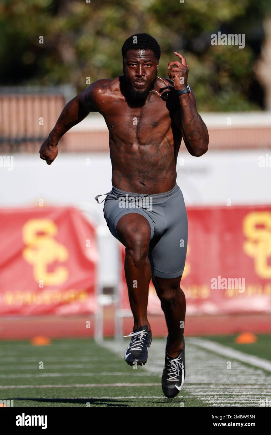 Defensive back Greg Johnson runs during Southern California's football ...