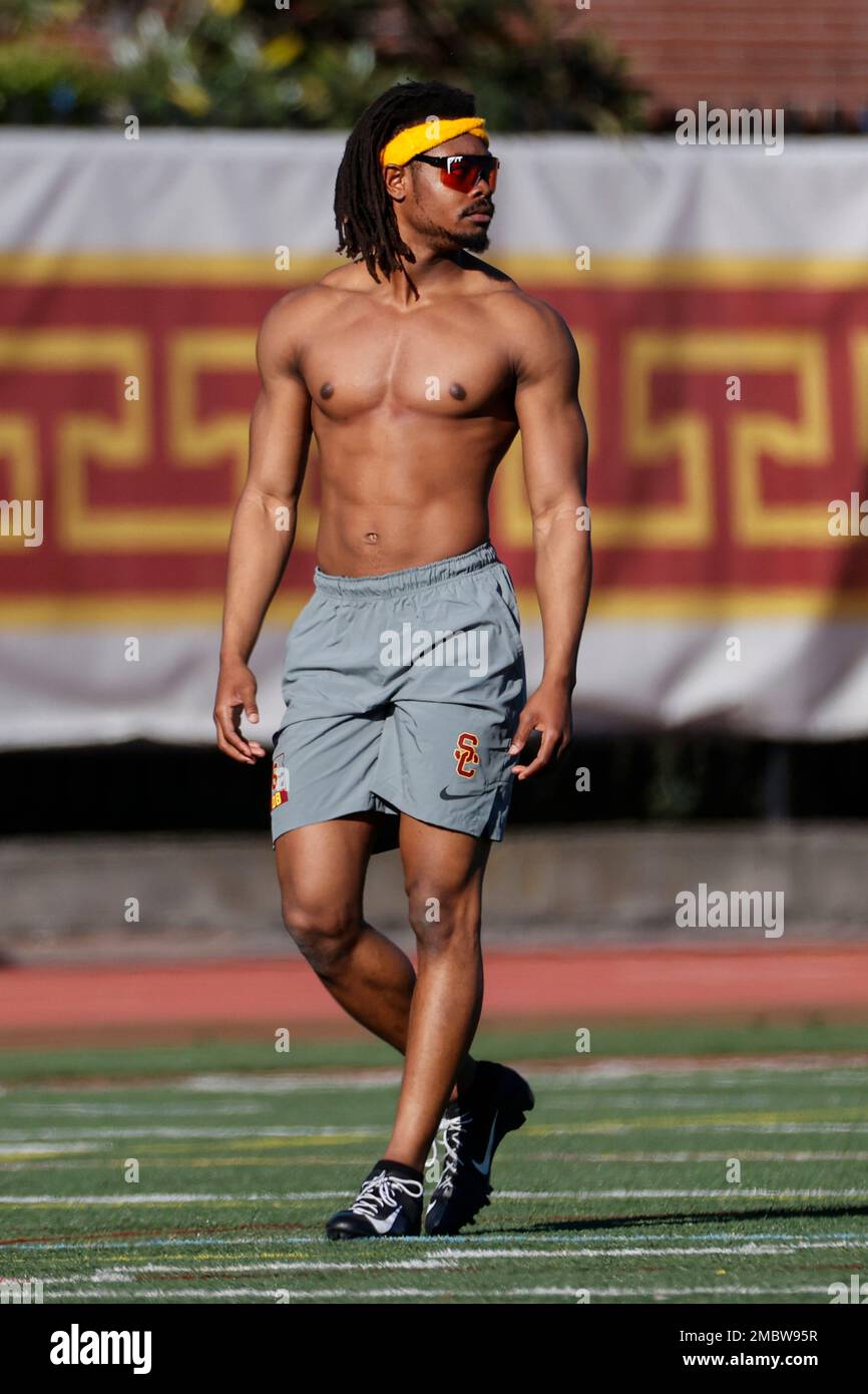 Defensive back Isaac Taylor-Stuart warms up during Southern California ...