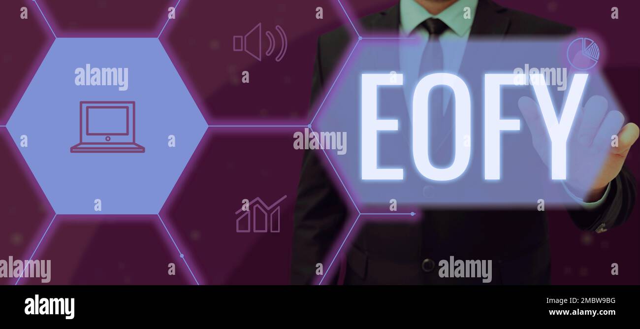 Sign displaying Eofy. Word Written on a mega sale held on an end of a ...