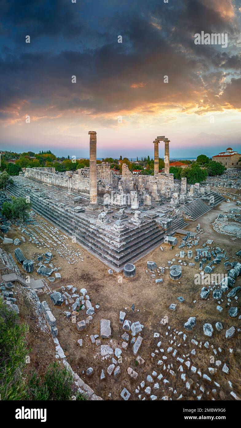 Drone view over Temple of Apollo in Didyma Ancient City at sunrise in ...