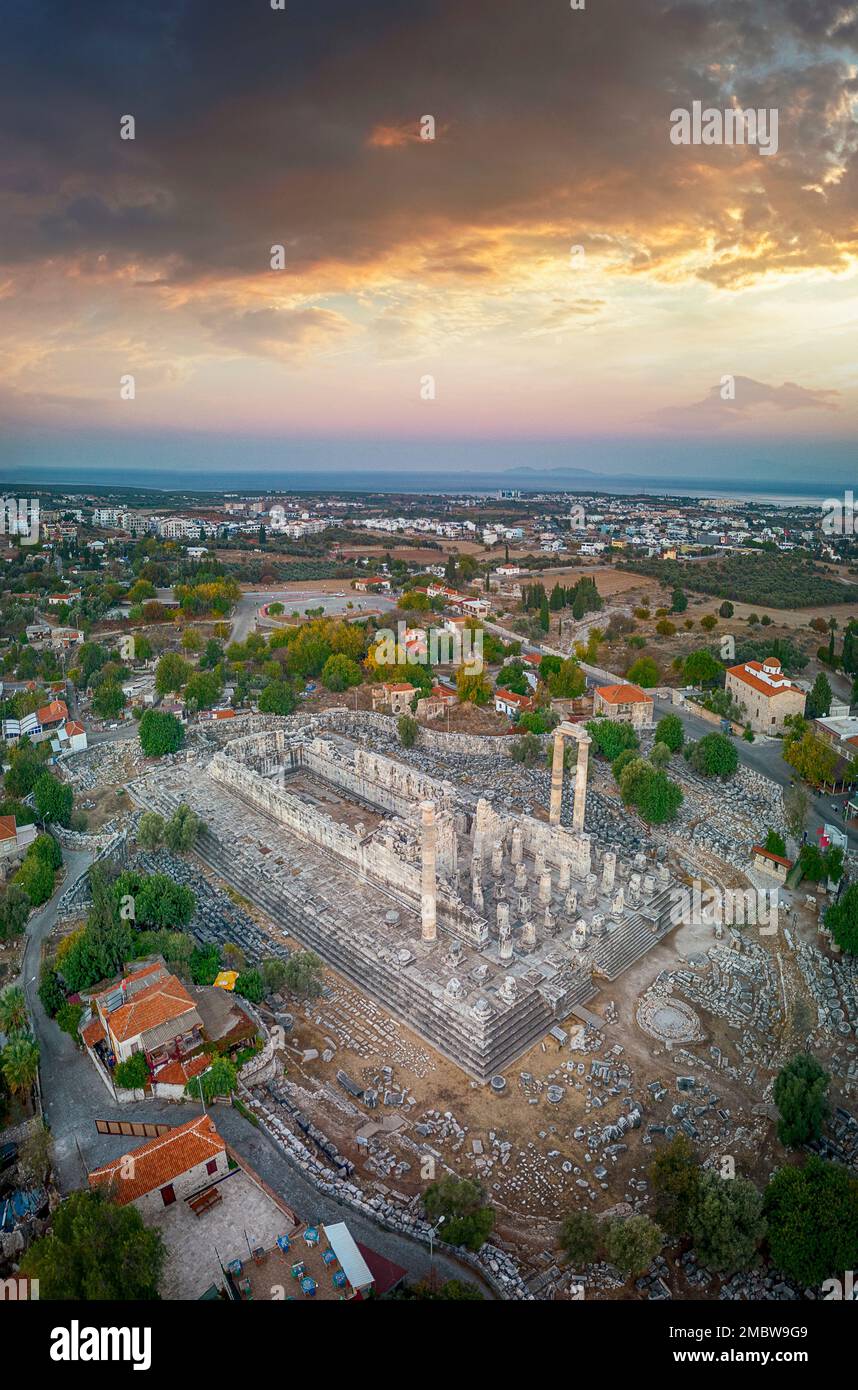 Drone view over Temple of Apollo in Didyma Ancient City at sunrise in ...