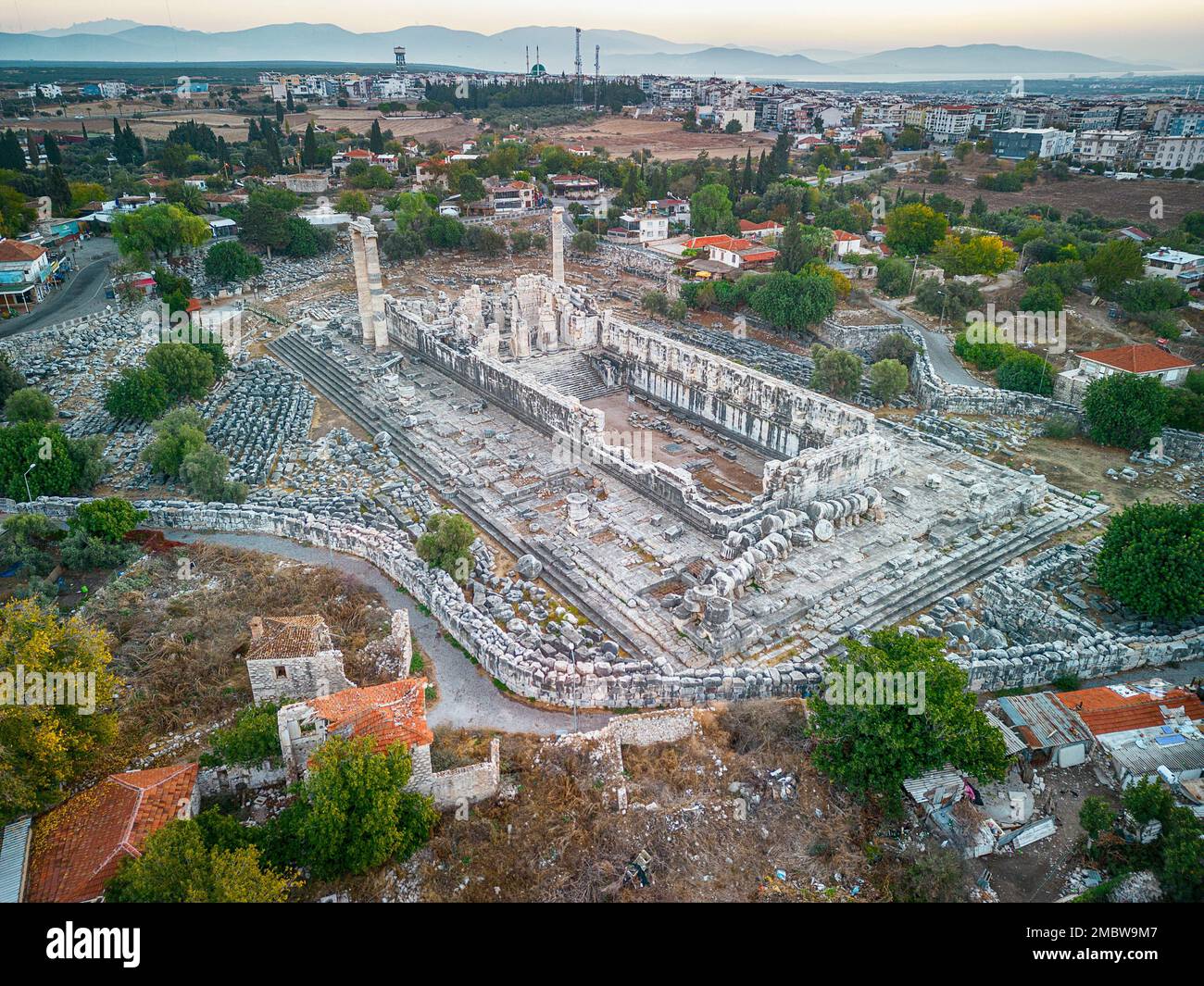 Drone view over Temple of Apollo in Didyma Ancient City at sunrise in ...