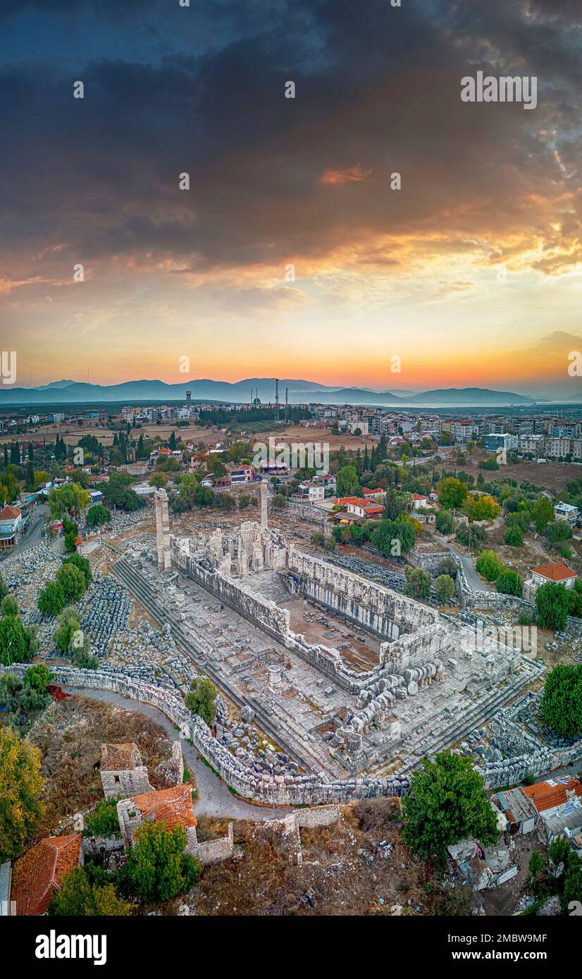 Drone view over Temple of Apollo in Didyma Ancient City at sunrise in ...
