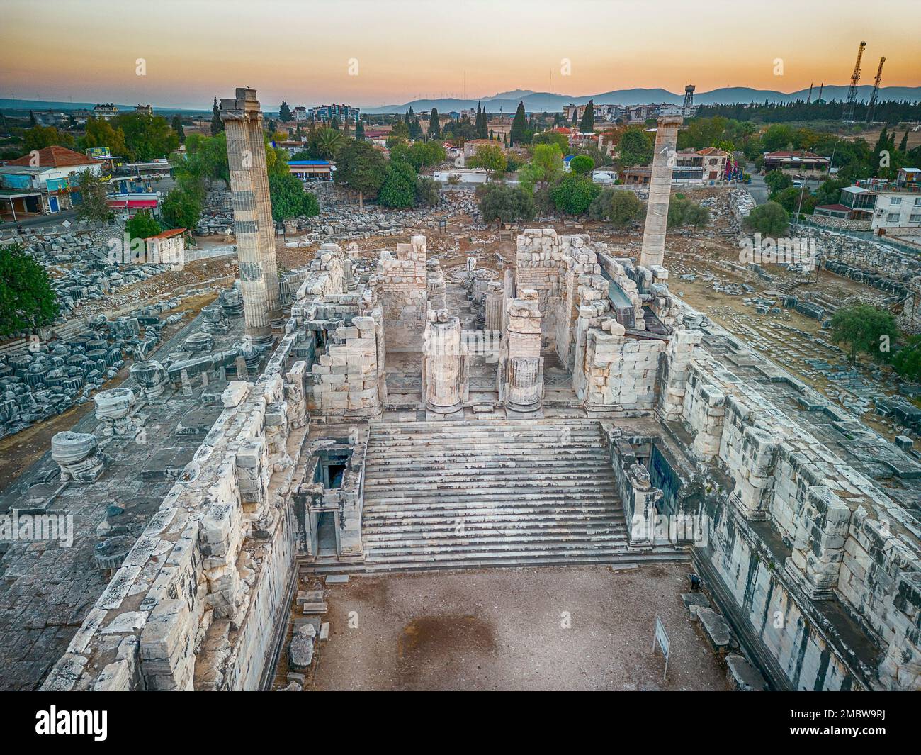 Drone view over Temple of Apollo in Didyma Ancient City at sunrise in ...