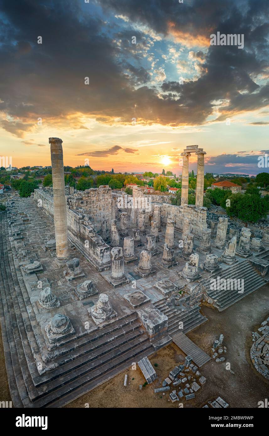 Drone view over Temple of Apollo in Didyma Ancient City at sunrise in ...