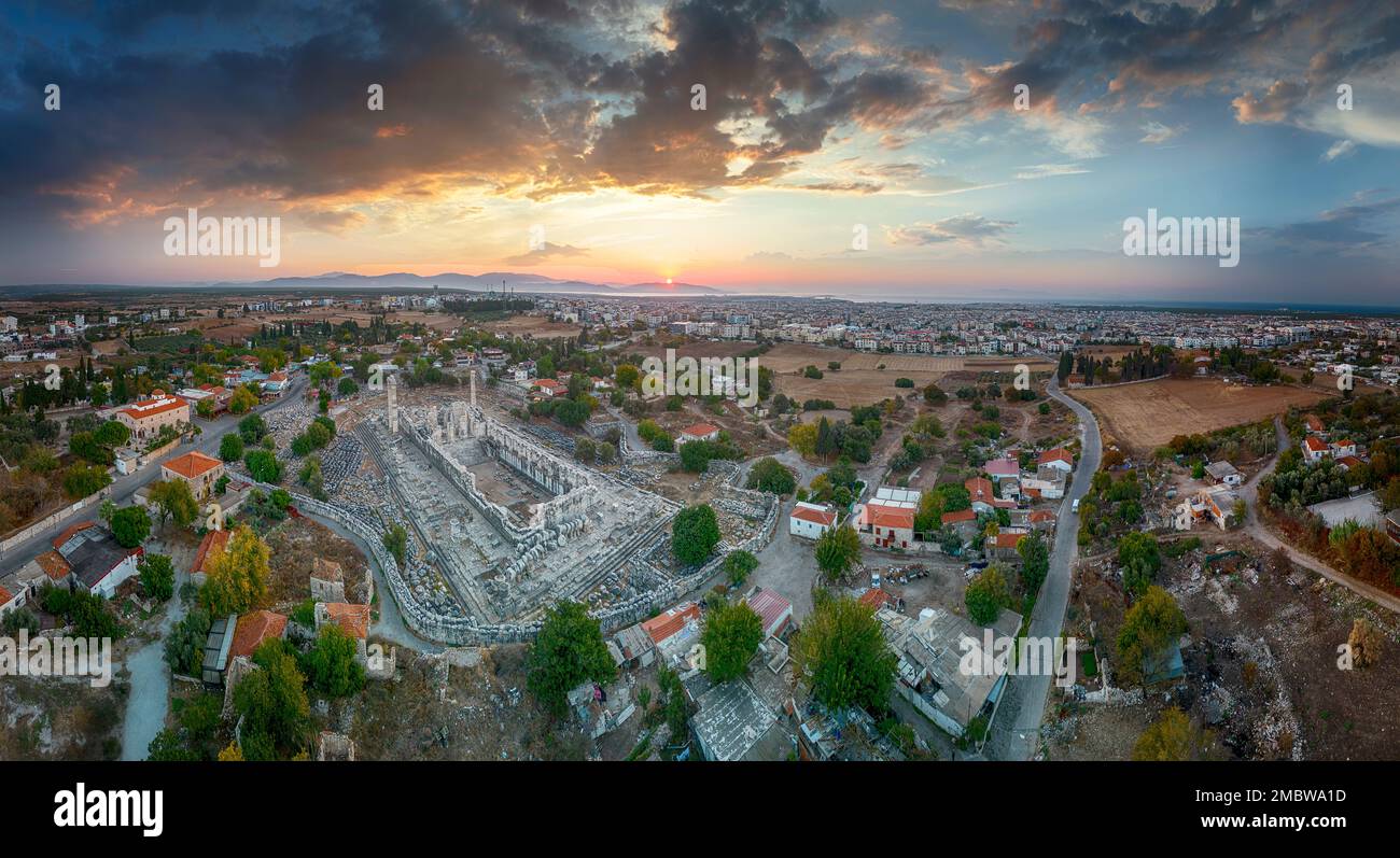 Drone view over Temple of Apollo in Didyma Ancient City at sunrise in ...