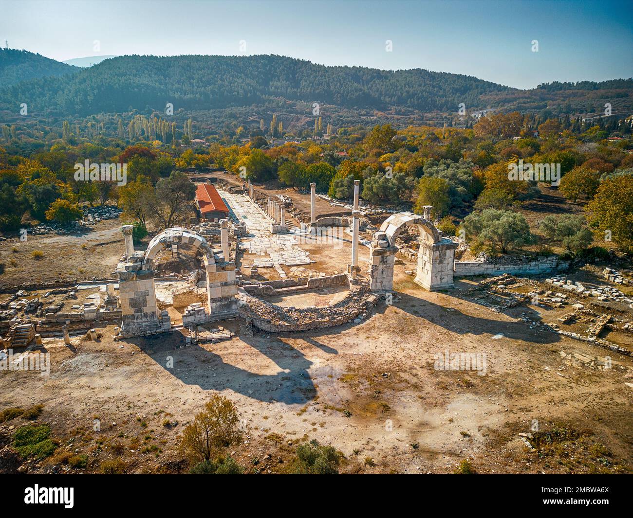 Drone view over Stratonikeia Ancient City in Eskihisar, Mugla, Turkey ...