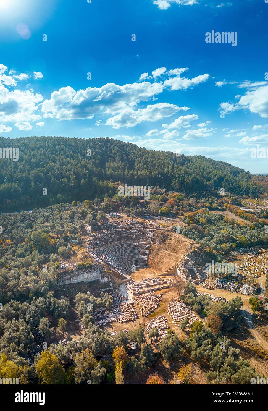 Drone view over Stratonikeia Ancient City in Eskihisar, Mugla, Turkey ...