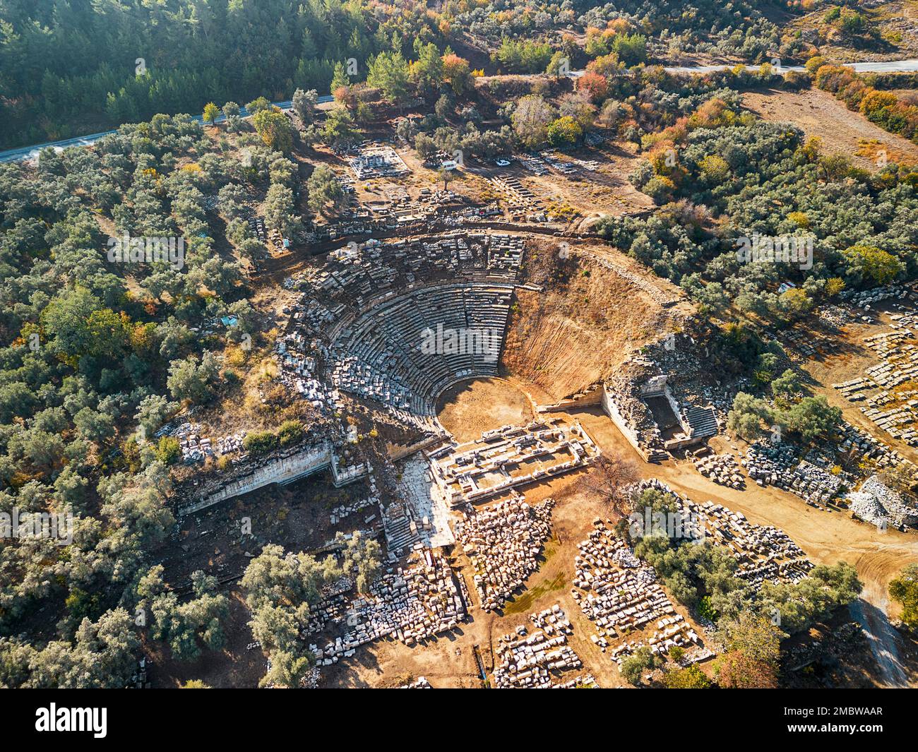 Drone view over Stratonikeia Ancient City in Eskihisar, Mugla, Turkey ...