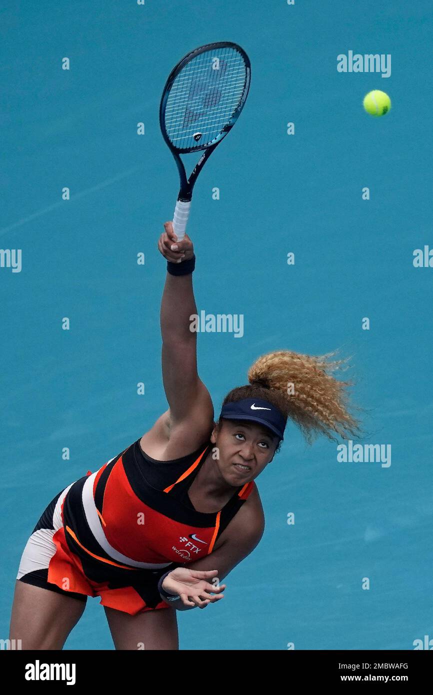Naomi Osaka of Japan serves in her first round women's match against ...