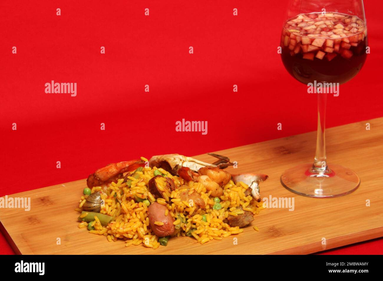 Paella rice with seafood traditional dish from Valencia Spain served on ...