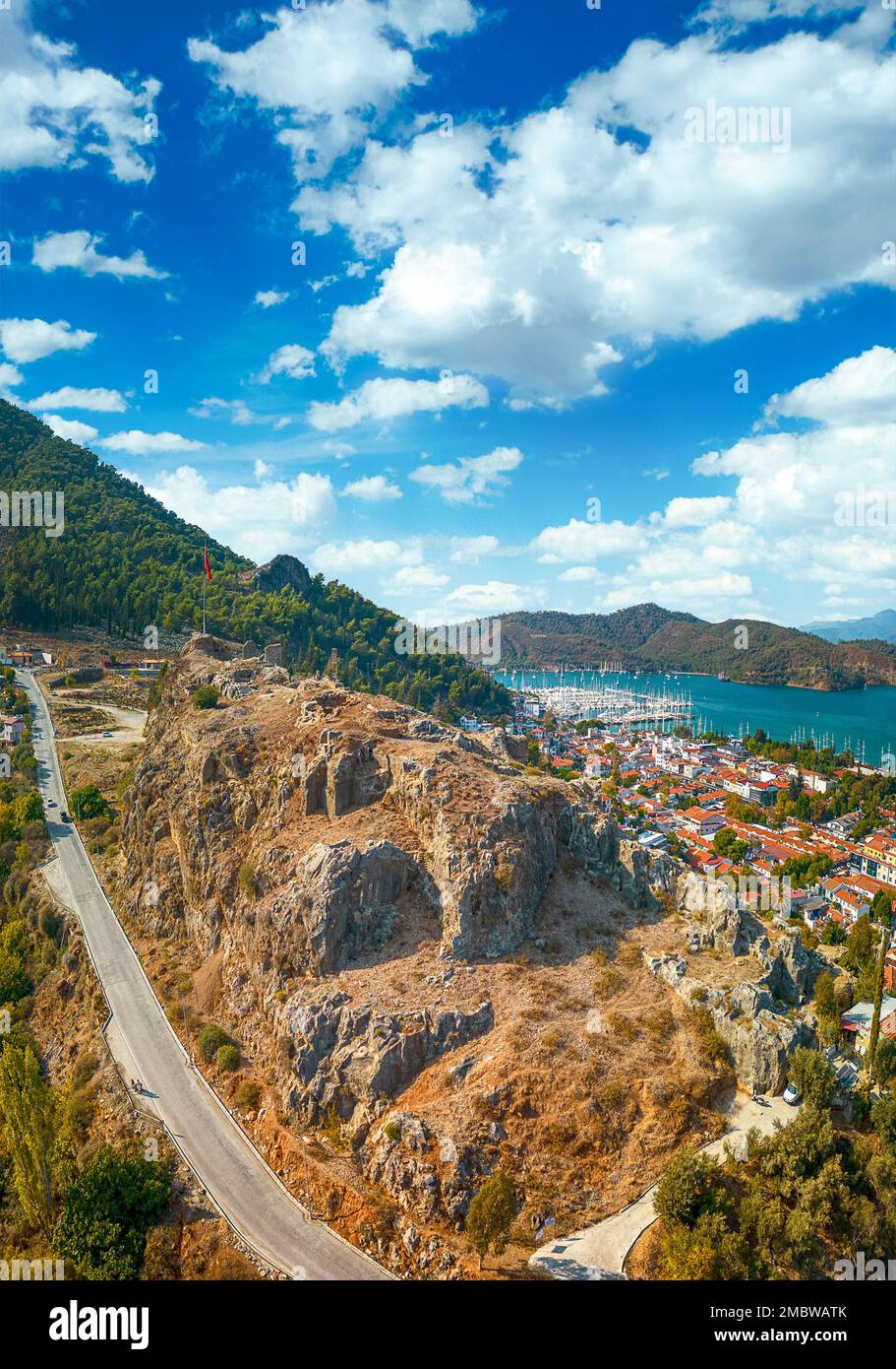 Drone view over Amyntas Rock Tombs at ancient Telmessos, in Lycia. Now ...