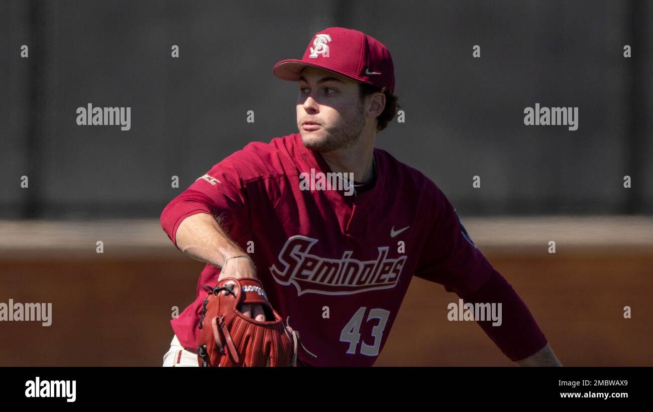 Florida State's Bryce Hubbart (43) pitches during an NCAA baseball game ...