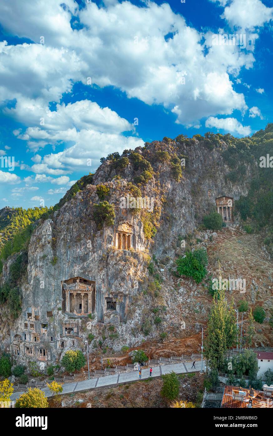 Drone view over Amyntas Rock Tombs at ancient Telmessos, in Lycia. Now ...
