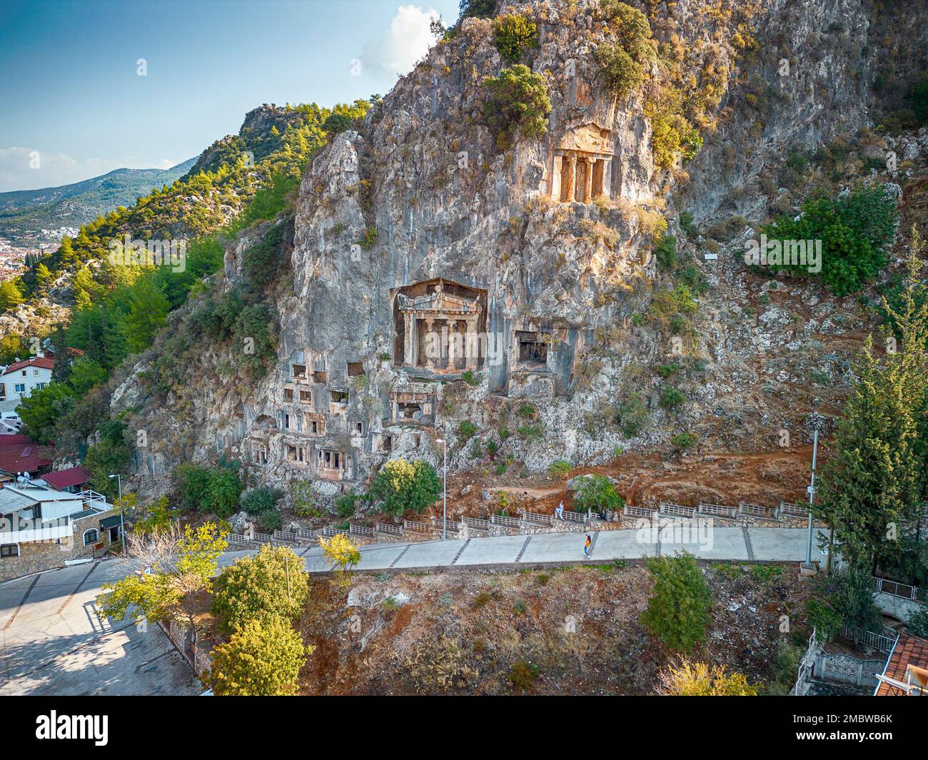 Drone view over Amyntas Rock Tombs at ancient Telmessos, in Lycia. Now ...