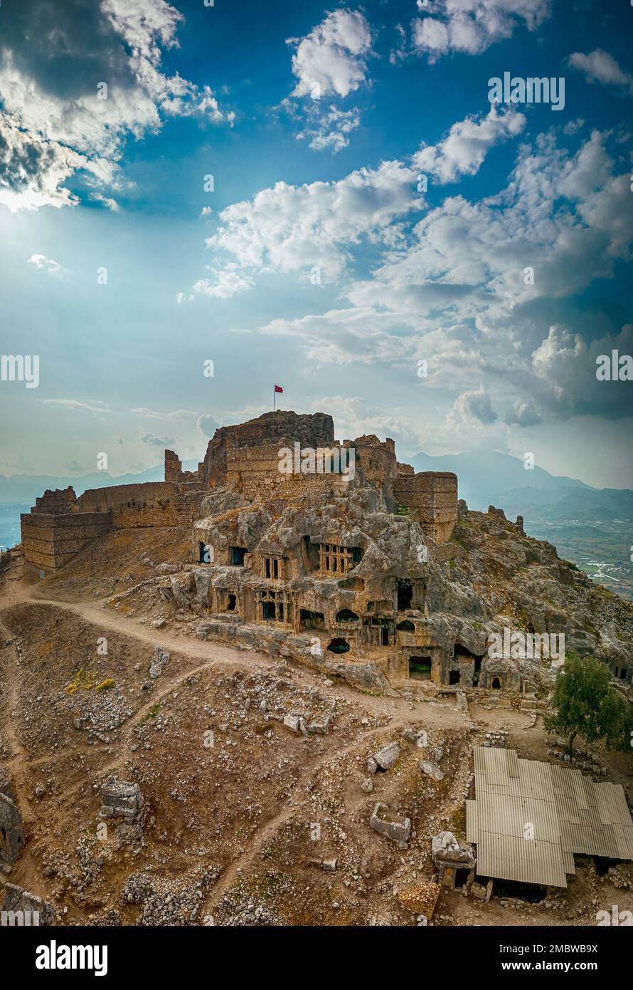 Drone view over Tlos ruins and tombs, an ancient Lycian city near the ...