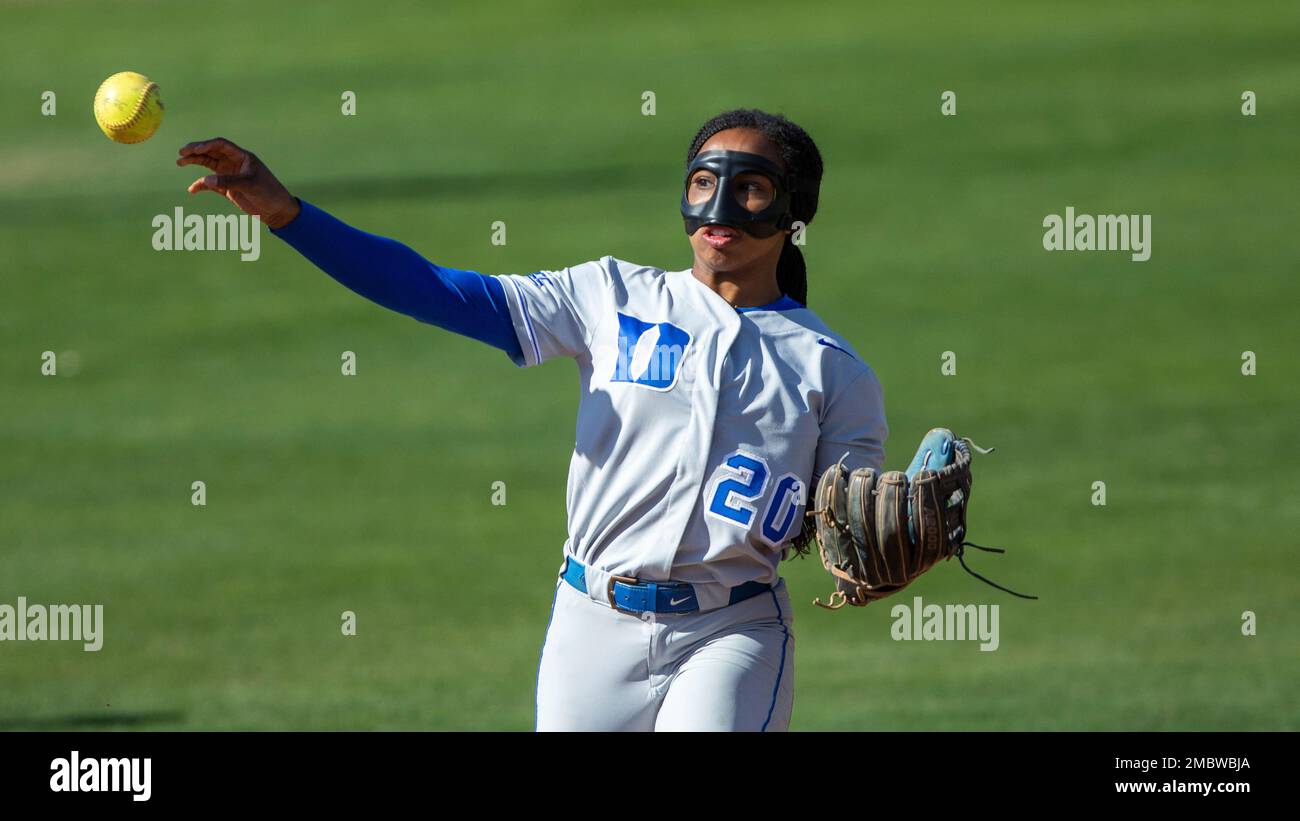 Duke's Kristina Foreman (20) makes a throw during an NCAA softball game ...