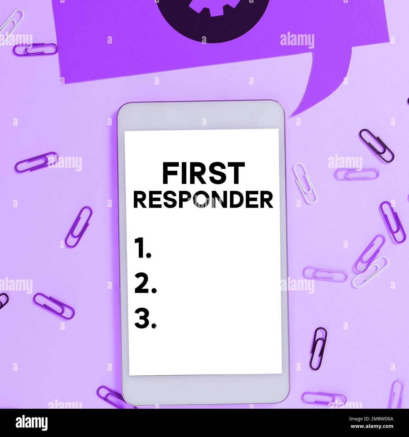 Text caption presenting First Responder. Concept meaning a person who ...