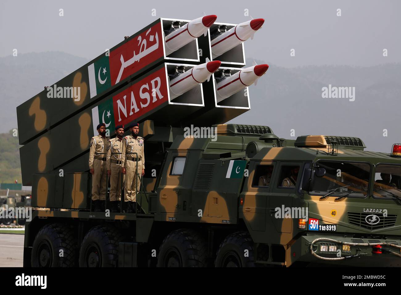 Pakistan-made ballistic missiles NASR and launcher are displayed during ...
