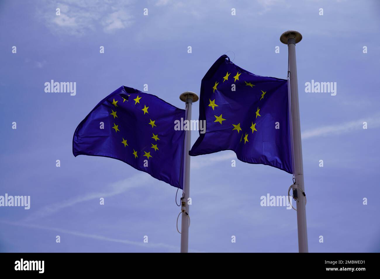 Blue europe two stars european flag of EU floats in summer wind Stock ...