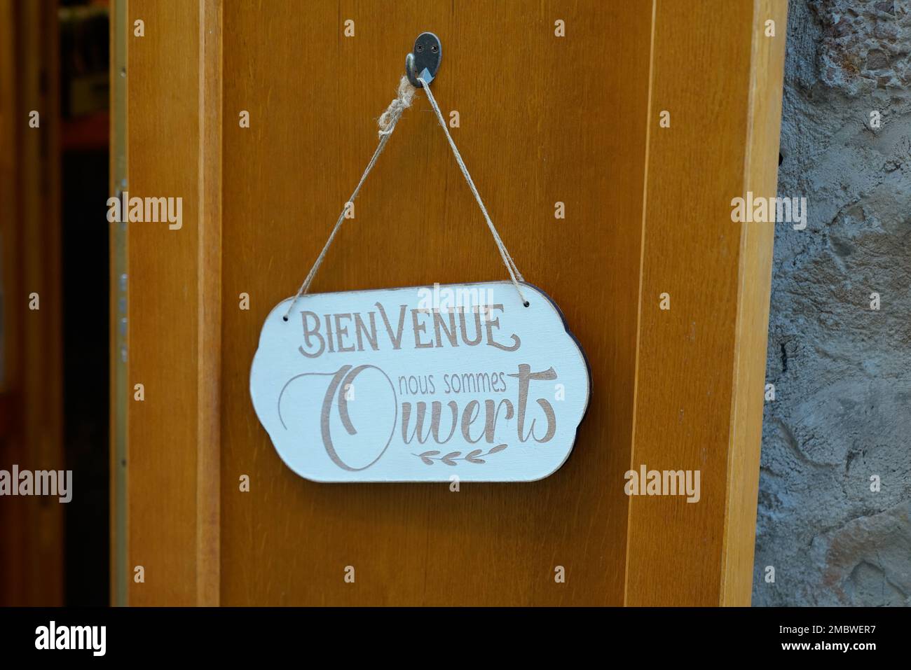 bienvenue nous sommes ouverts open french text means on wooden board ...