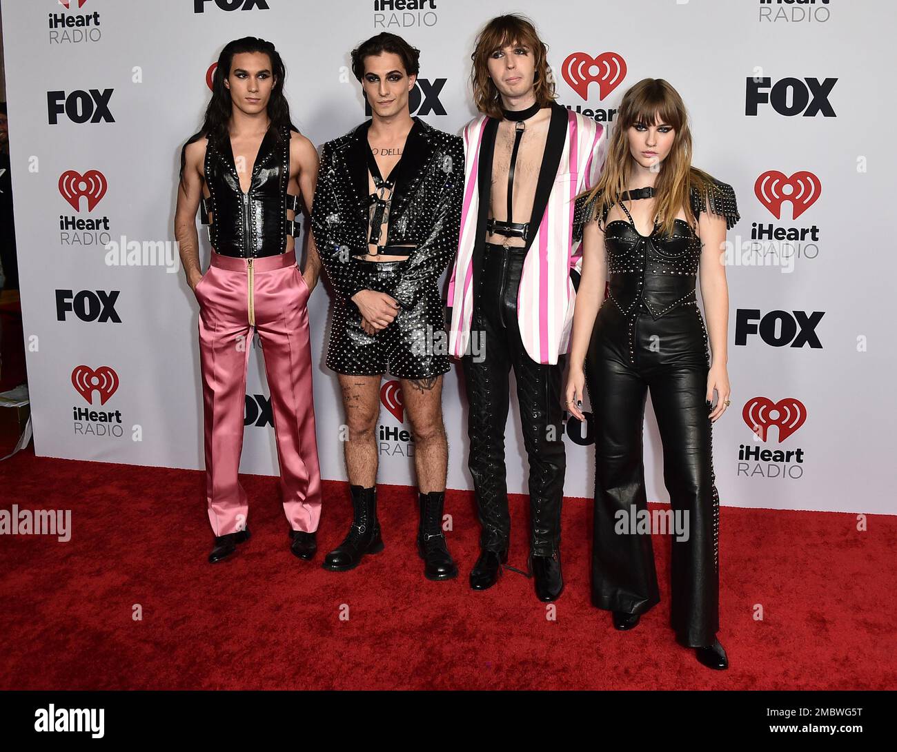 Ethan Torchio, from left, Damiano David, Thomas Raggi and Victoria De Angelis of Maneskin arrive ...