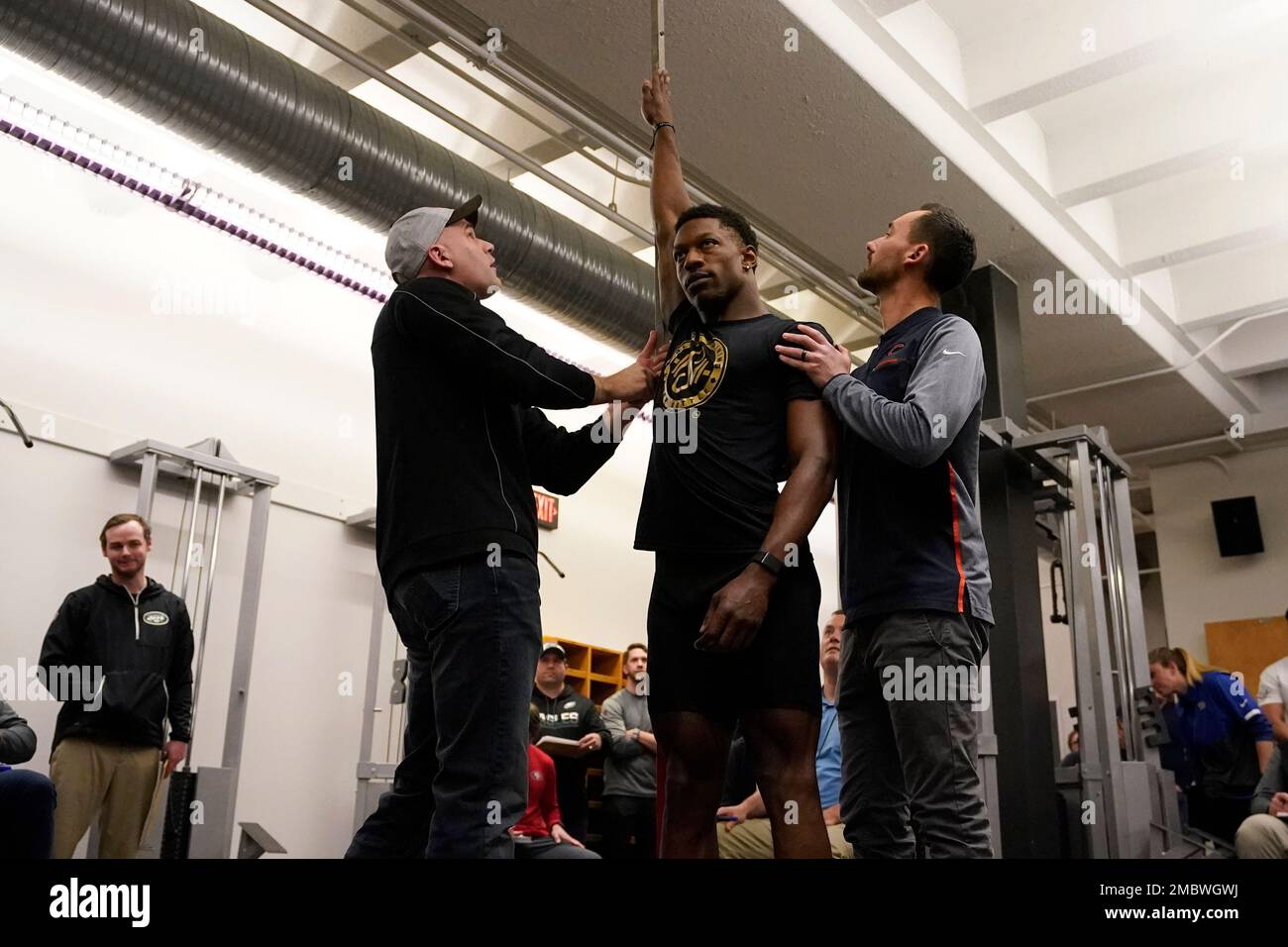 Northern Iowa defensive back Austin Evans is measured at an NCAA ...
